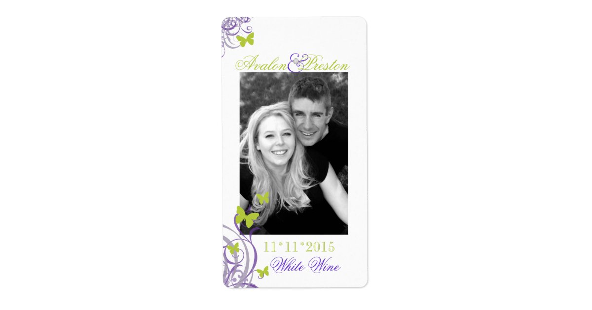Purple Spring Butterfly Wedding Wine Label | Zazzle