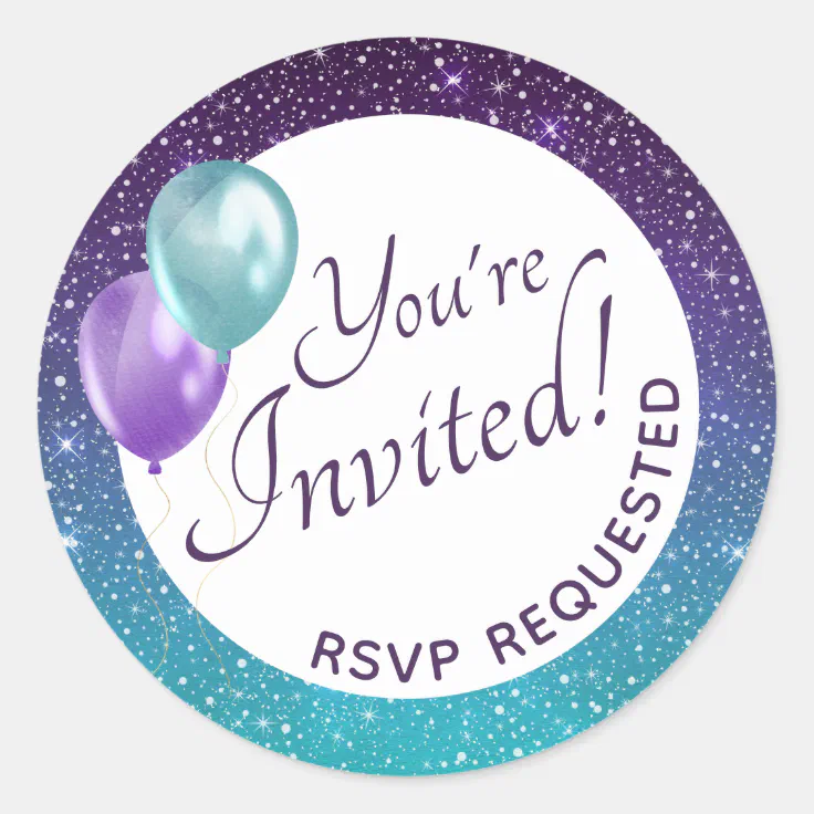 Purple Starry Night Theme Party You're Invited Classic Round Sticker ...