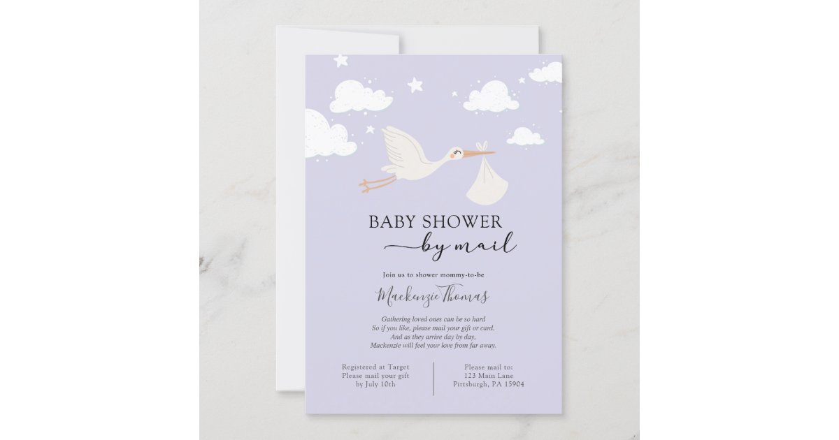 Purple Stork Baby Shower by Mail Invitation | Zazzle