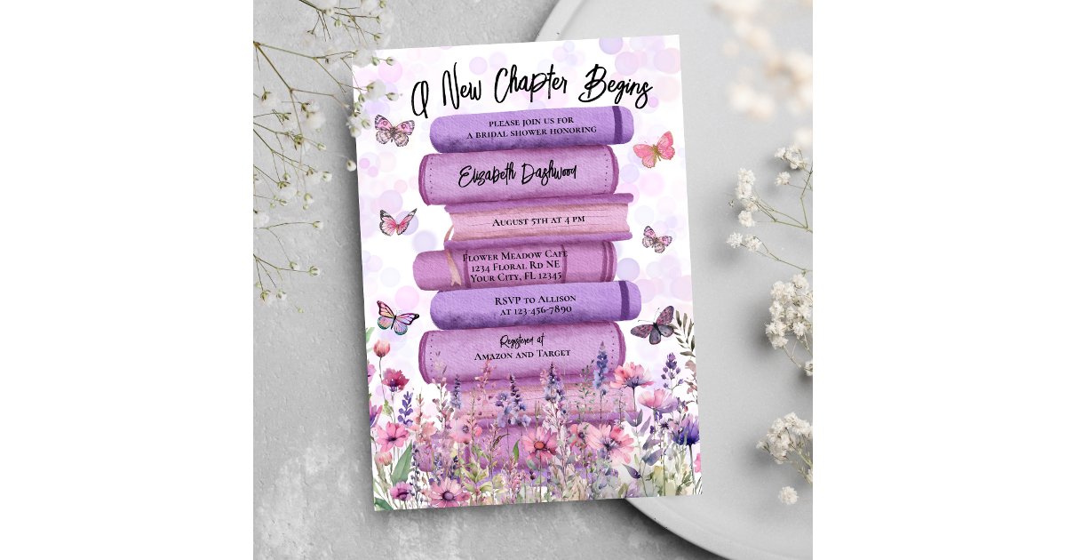 Purple Story Book Flower Butterflies Bridal Shower Invitation | Zazzle