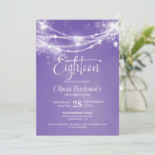 Purple String Lights 18th Birthday Party Invitation | Zazzle