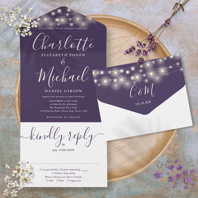 Purple String Lights Elegant Script Wedding All In One Invitation | Zazzle