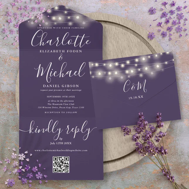 Purple String Lights QR Code Monogram Wedding All In One Invitation ...