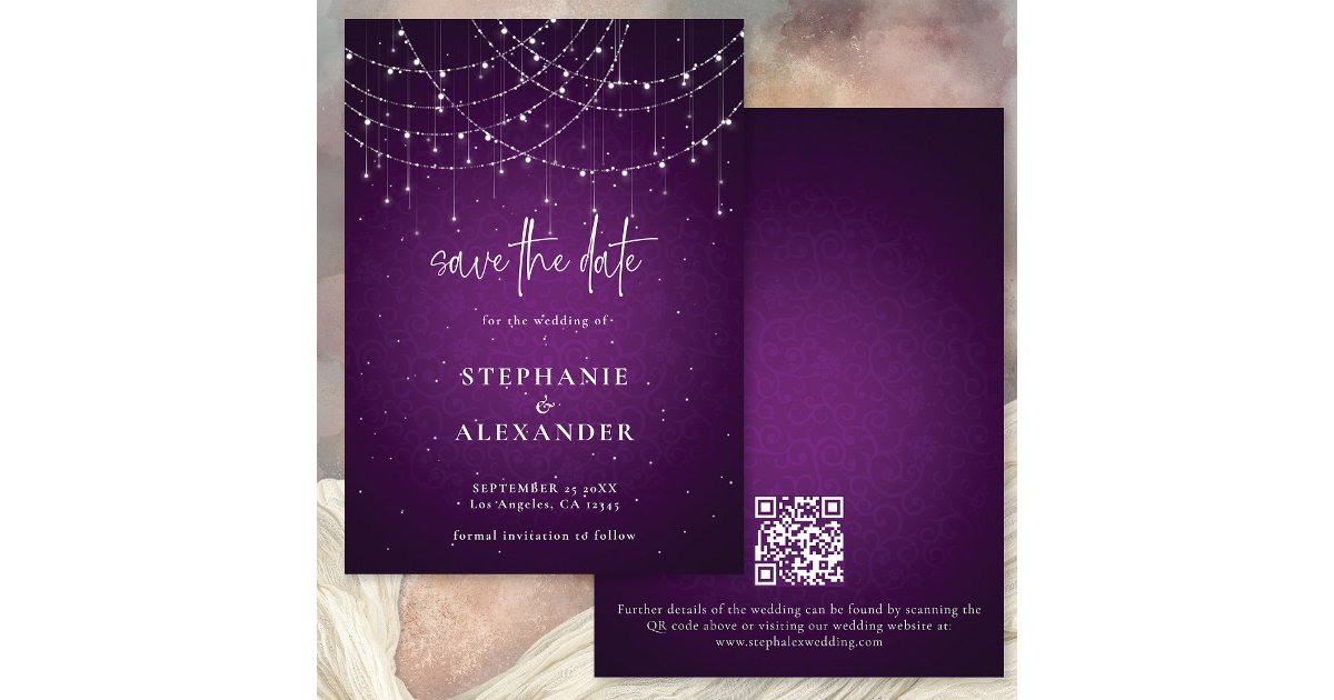 Purple String Lights QR Code Save the Date | Zazzle