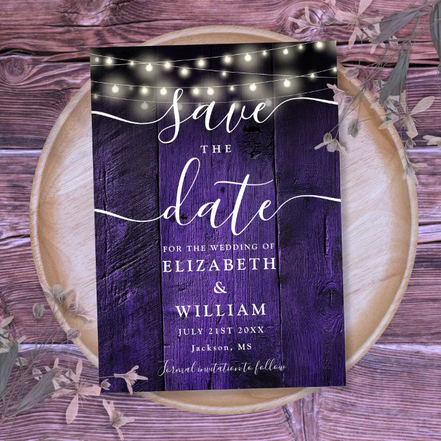 Purple String Lights Rustic Wood Barn Wedding Save The Date | Zazzle