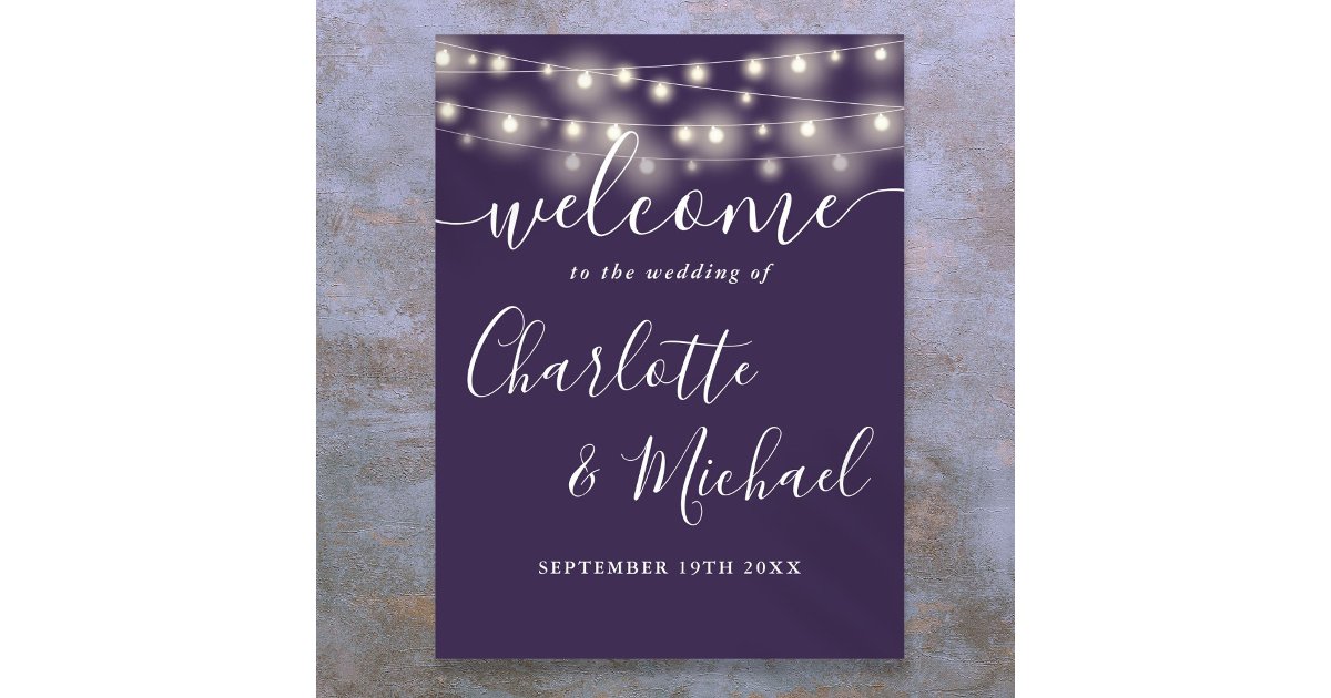 Purple String Lights Wedding Welcome Sign | Zazzle