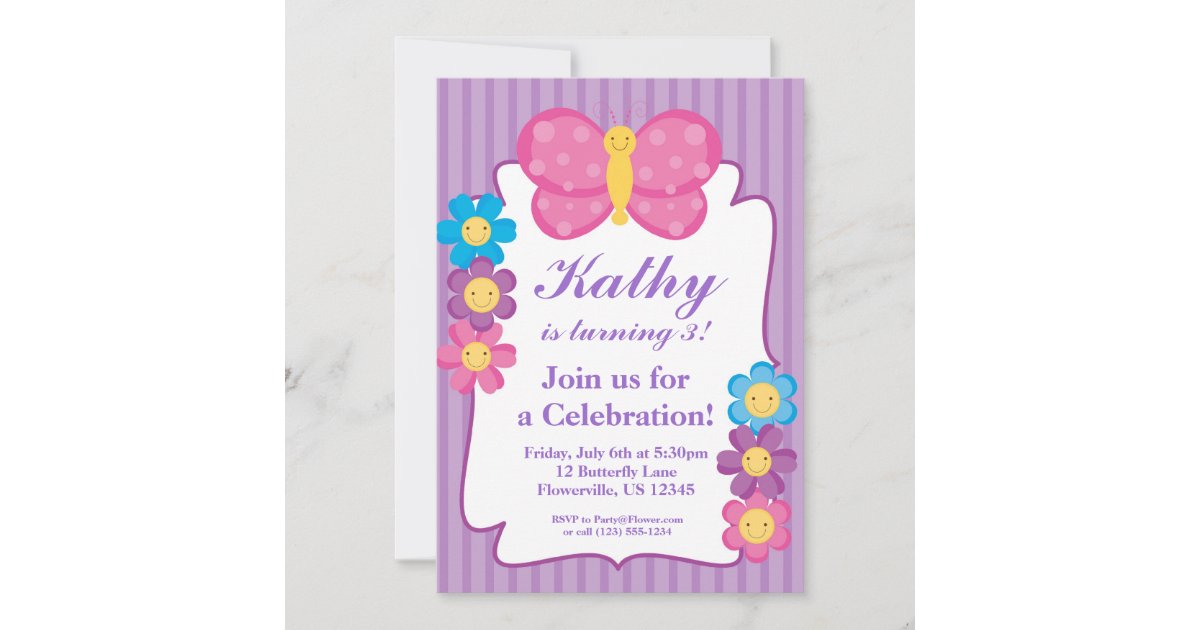 Purple Striped Butterfly Birthday Party Invitation | Zazzle