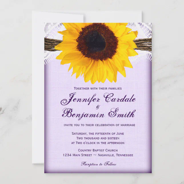 Purple Sunflower Rustic Country Wedding Invites | Zazzle