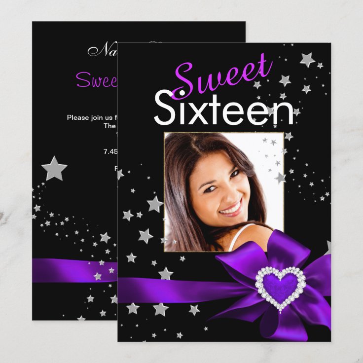 Purple Sweet 16 Birthday Party Heart Photo Stars Invitation | Zazzle