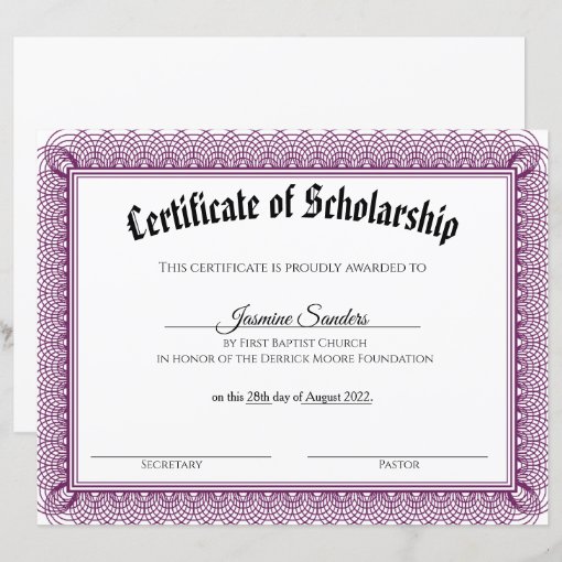 Purple Swirl Border Scholarship Certificate | Zazzle