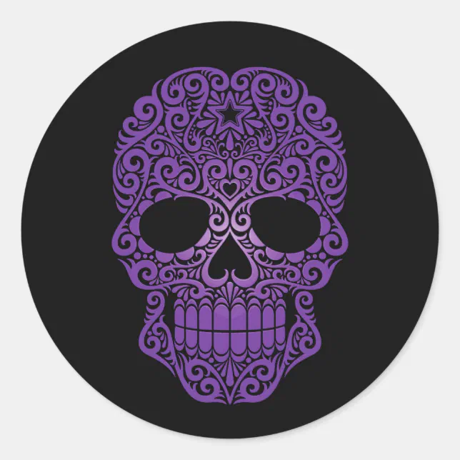 Purple Swirling Sugar Skull on Black Classic Round Sticker | Zazzle
