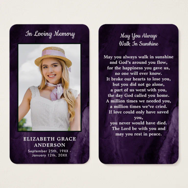 Purple Sympathy Photo Memorial Funeral Prayer Card | Zazzle