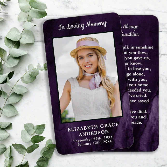 Purple Sympathy Photo Memorial Funeral Prayer Card | Zazzle