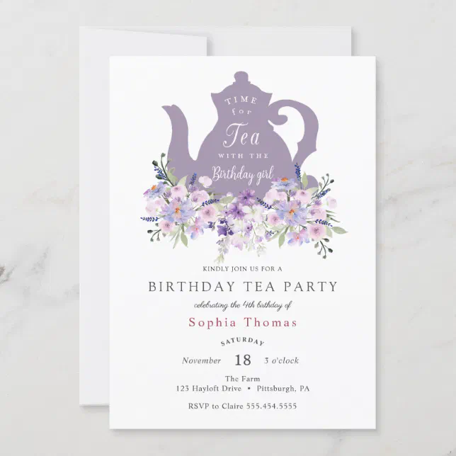 Purple Tea Party Birthday Invitation | Zazzle