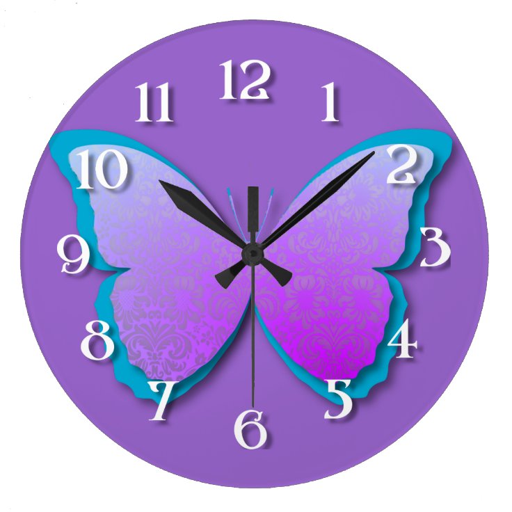 Purple & Teal Damask Butterfly Large Clock | Zazzle