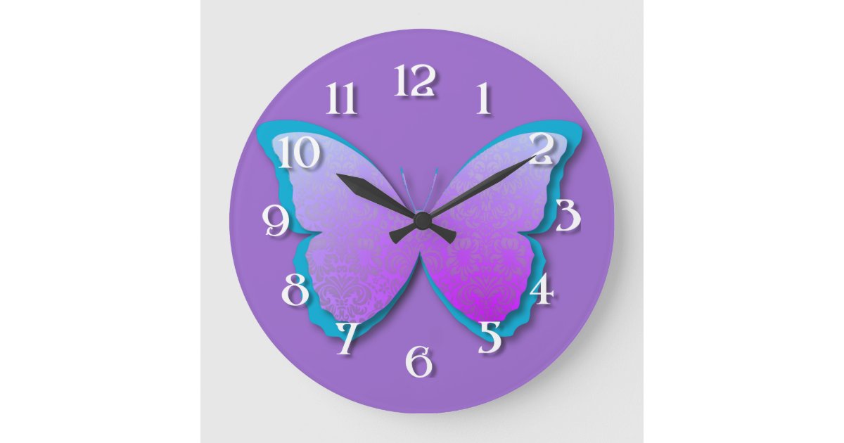 Purple & Teal Damask Butterfly Large Clock | Zazzle