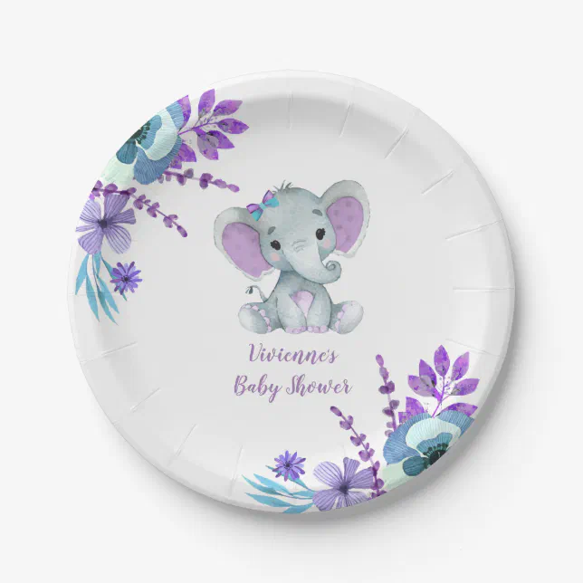 Purple Teal Elephant Plate 4 Baby Shower, Birthday | Zazzle