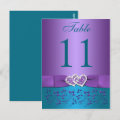 Purple, Teal Floral, Hearts Table Number Card | Zazzle