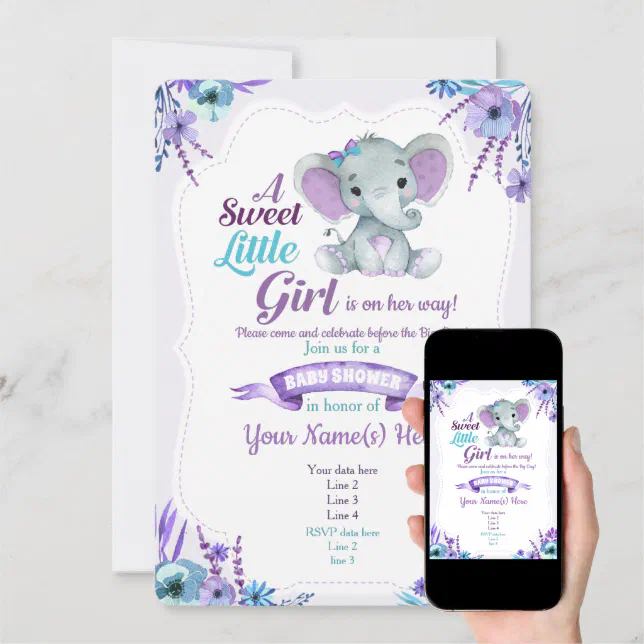 Purple Teal girl elephant invitation baby shower | Zazzle