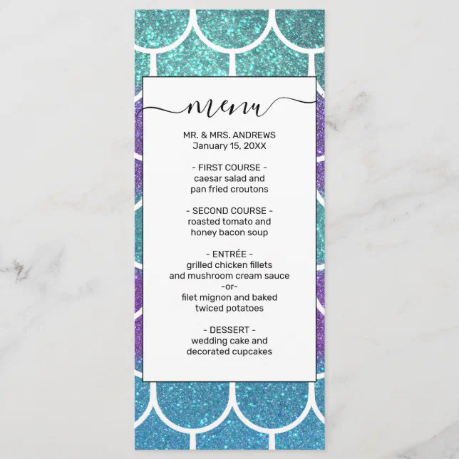 Purple Teal Glitter Mermaid Scallop Scales Menu | Zazzle