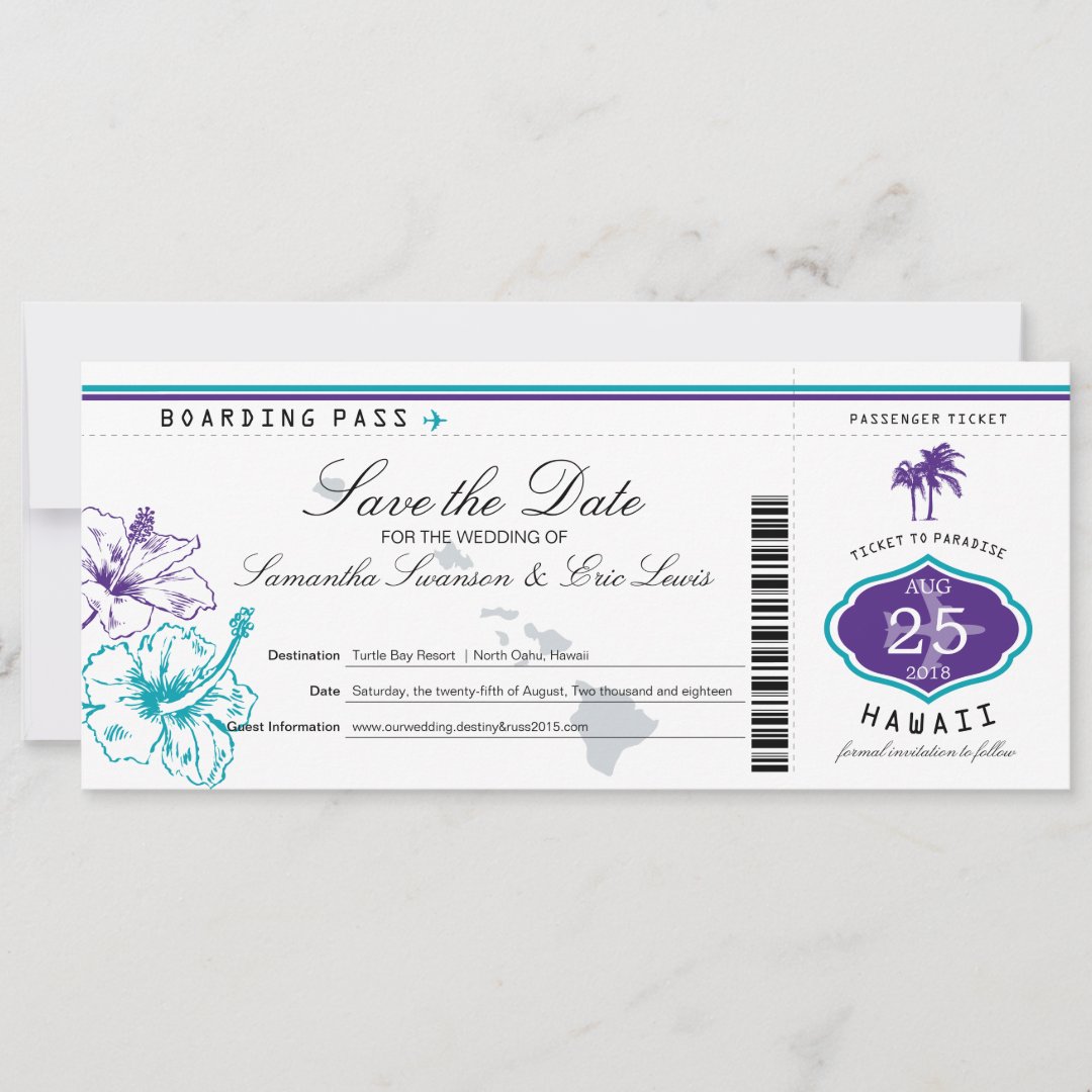 Purple Teal Hibiscus Flower Hawaii Boarding Pass Save The Date | Zazzle