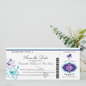 Purple Teal Hibiscus Flower Hawaii Boarding Pass Save The Date | Zazzle