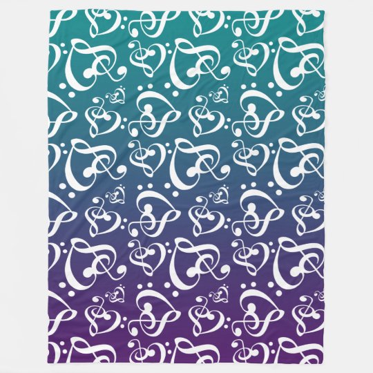 Purple Teal Ombre Clef Hearts Music Notes Pattern Fleece Blanket ...