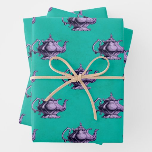 Purple Teapots on Teal Wrapping Paper Sheets | Zazzle