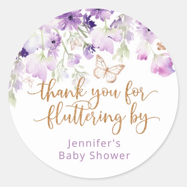 Purple thank you for fluttering by classic round sticker | Zazzle