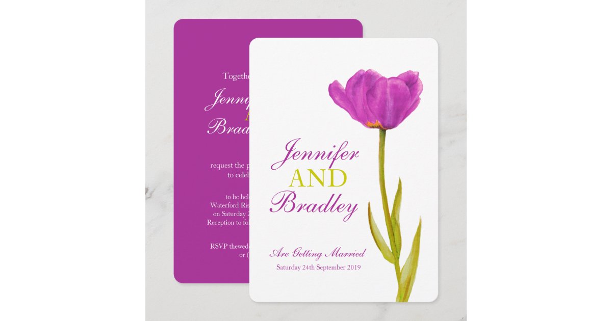 Purple tulip flower art wedding invitations | Zazzle