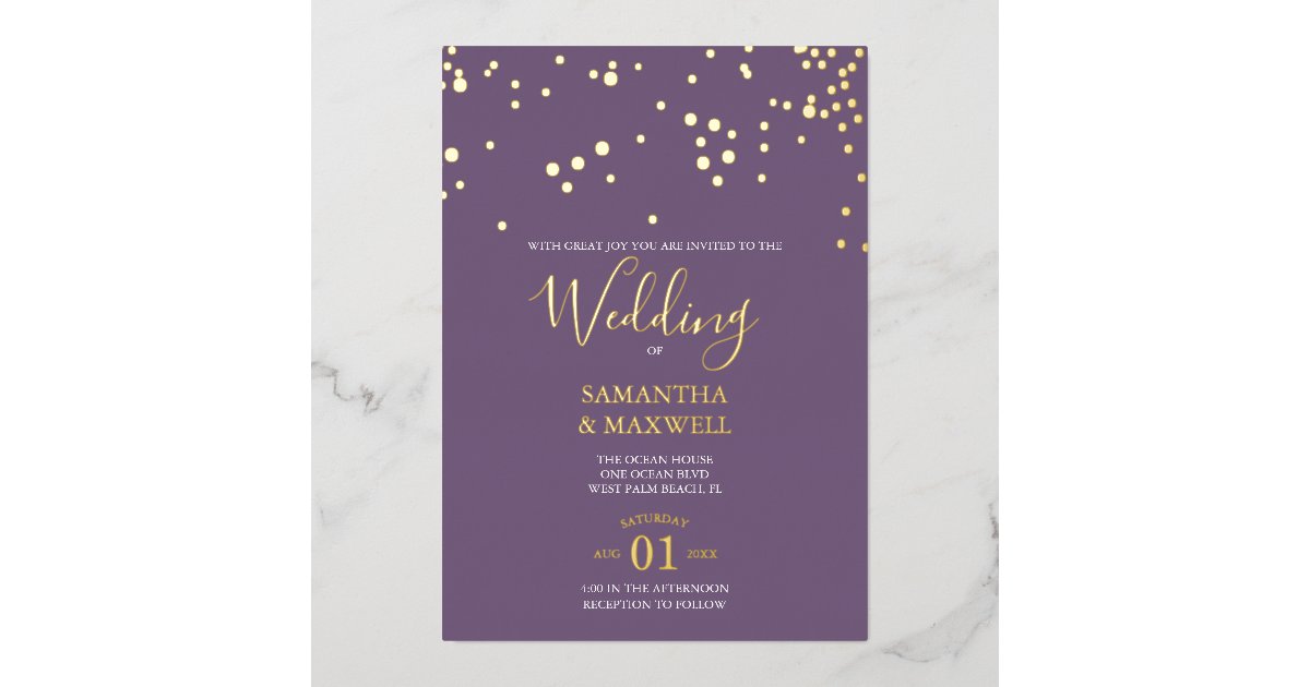 Purple Typography Wedding Foil Invitation | Zazzle