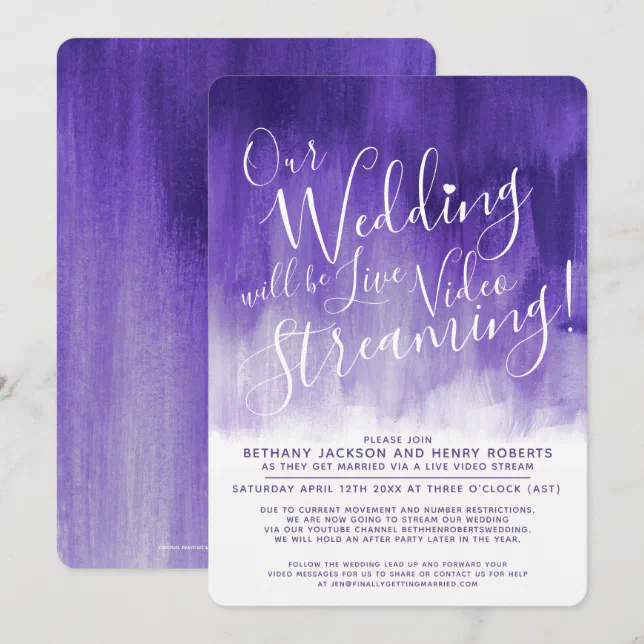 Purple ultra violet art live streaming wedding invitation | Zazzle