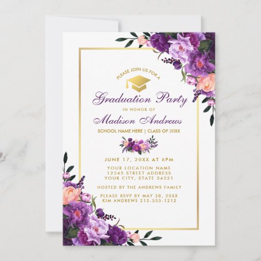 Purple Ultra Violet Floral Graduation Party Invite | Zazzle