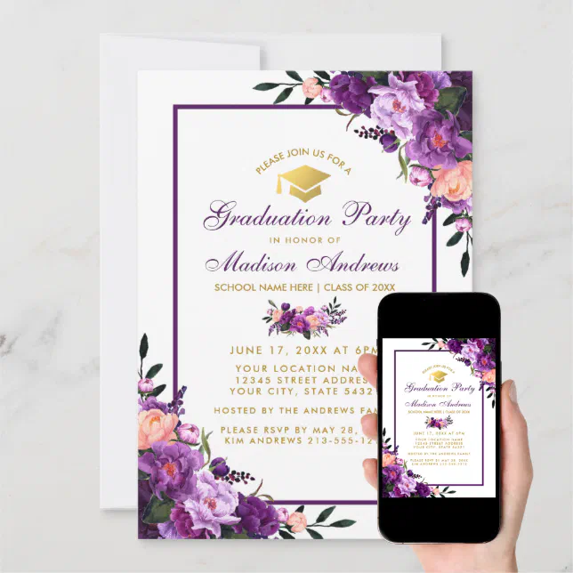 Purple Ultra Violet Graduation Party Invite PF | Zazzle