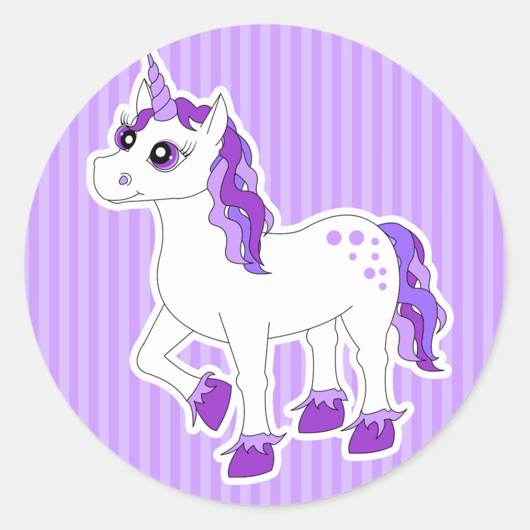 Purple Unicorn Cartoon Classic Round Sticker | Zazzle
