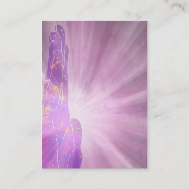 Purple Universe Hand With Light Healing Rays Business Card | Zazzle