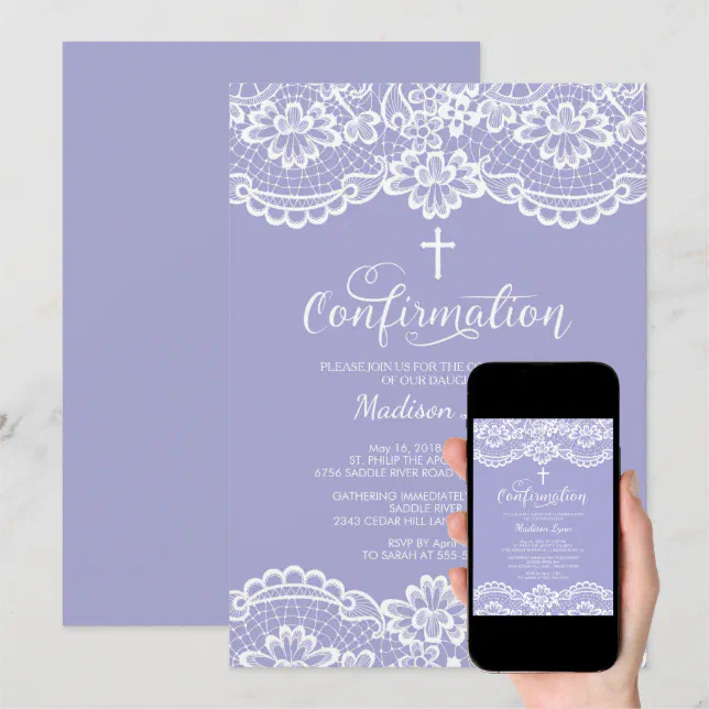 Purple Vintage Lace Confirmation Invitation | Zazzle