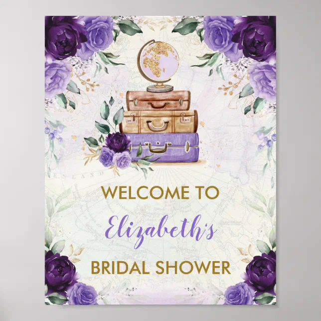 Purple Vintage Map Travel Bridal Shower Welcome Poster | Zazzle