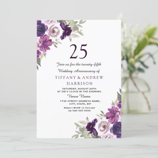 Purple Violet Floral 25th Wedding Anniversary Invitation | Zazzle