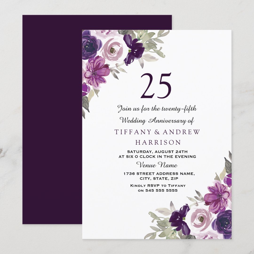 Purple Violet Floral 25th Wedding Anniversary Invitation | Zazzle