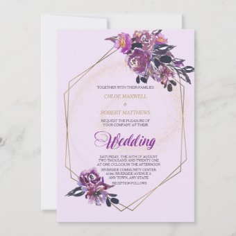 Purple Violet Floral Gold Frame Wedding Invitation | Zazzle