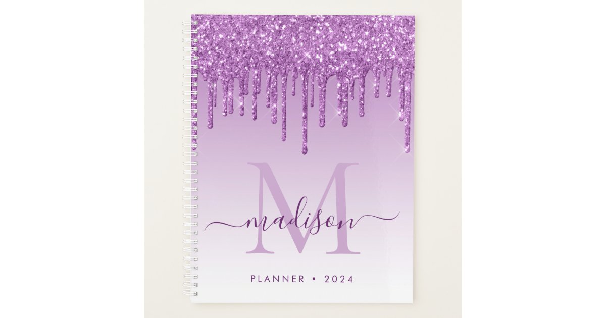 Purple Violet Glitter Drips Girly Monogram 2021 Planner | Zazzle