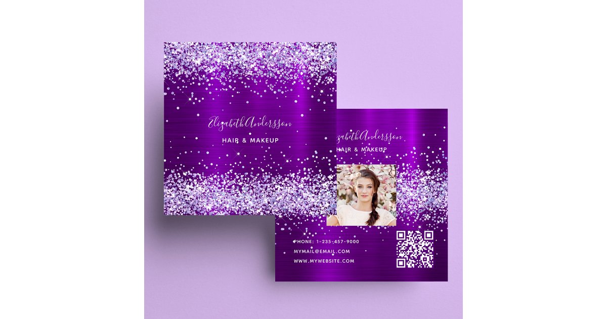 Purple violet glitter photo qr code square business card | Zazzle