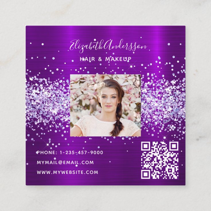 Purple violet glitter photo qr code square business card | Zazzle