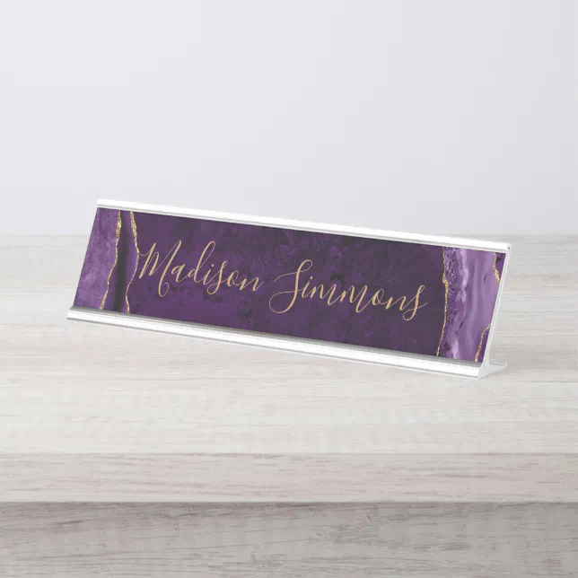 Purple Violet Gold Agate Geode Feminine Script Desk Name Plate | Zazzle