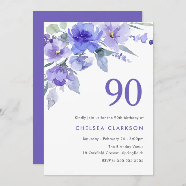 Purple Violet & Lavender 90th Birthday Party Invitation | Zazzle