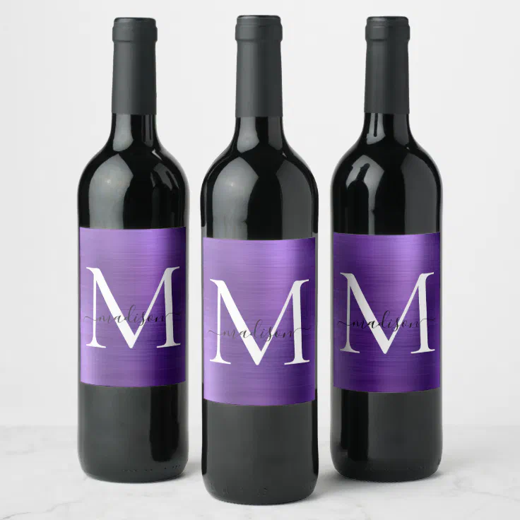 Purple Violet Monogram Girly Script Metallic Steel Wine Label | Zazzle
