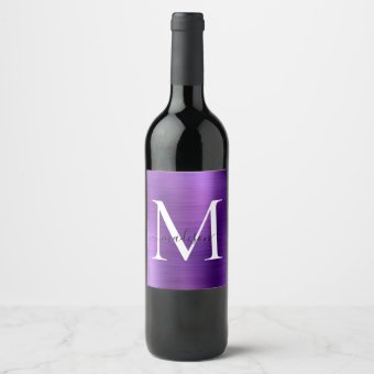 Purple Violet Monogram Girly Script Metallic Steel Wine Label | Zazzle