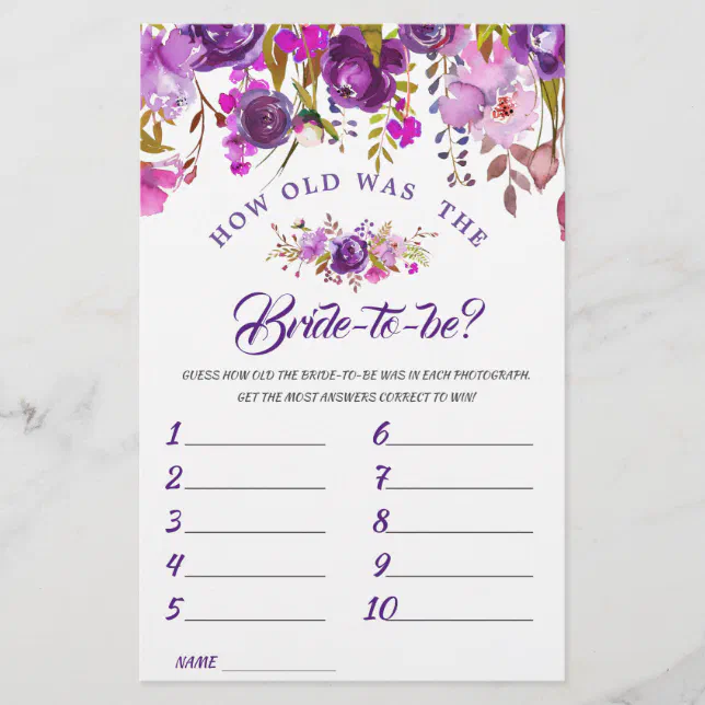 Purple Violet Peony Floral Bridal Shower Game | Zazzle
