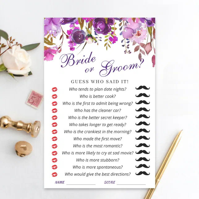 Purple Violet Peony Floral Bridal Shower Game | Zazzle